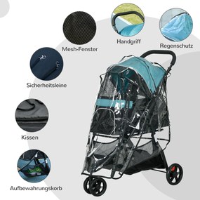 PawHut Kočárek pro psy do 10 kg skládací Bezpečnostní vodítko Rukojeť Kryt proti dešti Úložný koš Modrá + černá