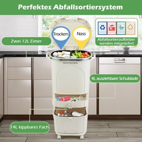 Costway 42 L kuchyňský odpadkový koš s víkem a 3 přihrádkami