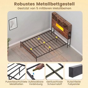 Costway Kovová postel 140 × 220 cm s LED a nabíjením, hnědá