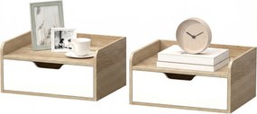 HOMCOM 2dílný set nástěnných nočních stolků, noční stolky se zásuvkou a poličkou s vyšším okrajem, 40x30x19,5 cm, přírodní dřevo