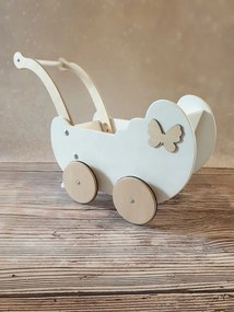 Dřevěný kočárek pro panenky s dekorací bílá + dřevo