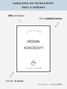 Samolepka na láhev MONIN KOKOSOVÝ 6 x 8 cm – bílá vinylová, voděodolná, omyvatelná samolepka na dózy, základní písmo