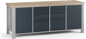 Dílenský pracovní stůl G7, buková spárovka, 2100 x 685 x 840 mm, 2x skříňka, 8 zásuvek, grafit