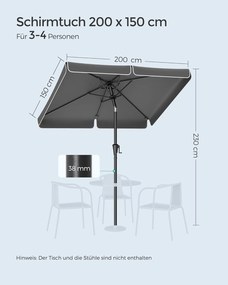 Slunečník 200 × 150 cm, obdélníkový balkonový slunečník, UV ochrana UPF 50+, bez základny, šedý
