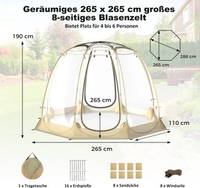 Costway 630° Průhledný PVC stan vyskakovací pro 5-6 osob – 265 × 265 cm