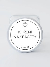 Samolepka na kořenky KOŘENÍ NA ŠPAGETY bílá 5 cm základní písmo