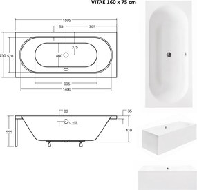 Besco Vitae obdélníková vana 160 x 75 cm akrylát bílá VANVITAE160