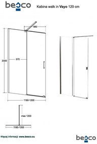 BESCO Walk-in sprchový kout VAYO BARVA rámu - Chrom/Leštěný hliník (ALU), Rozměr A - 120 cm, Rozměr C - 200 cm, Směr zavírání - Univerzální Levé / Pravé, Výplň - Čiré bezpečnostní sklo - 8 mm BCVAYO120CC