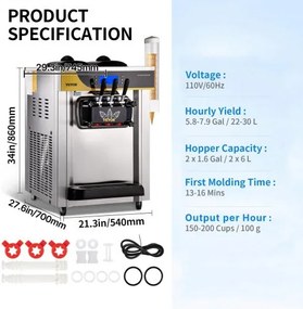 Komerční výrobník zmrzliny, výtěžnost 22-30 l/h, 2200 W