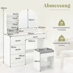 Costway Toaletní stolek s LED osvětlením 3 barvy s nastavitelným jasem, bílý