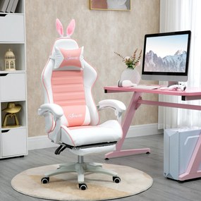 Ergonomická herní židle Vinsetto s bederní podporou, podnožkou a ušima králíčka, polštářkem na hlavu, kancelářská židle s nastavitelnou opěrkou zad R…