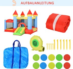 Outsunny skákací hrad s ventilátorem a skluzavkou, bazén, unese až 90 kg pro 3 děti, pro věk 3-8 let, červeno-modro-zelený, 280x260x210 cm