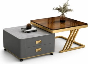 LuxuryForm DESIGN Konferenční stolek BOLT 70 × 70 / 60 × 60 cm – šedý / zlatý (set 2 ks)