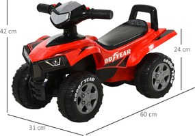 HOMCOM Dětský čtyřkolka bez pedálů pro děti od 18 do 36 měsíců, ATV se světly, klaksonem a tajným úložným prostorem 60x31x42 cm Červená