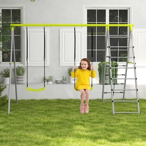 Houpačka Outsunny 2 v 1, dvoumístná houpačka, dětská houpačka, se sítí na šplhání, žebřík, ocelová, stabilní, zelená | Aosom.de