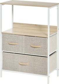 HOMCOM Úložná Skříň s 3 Textilními Zásuvkami, Policí a Horní Deskou, Malá Boční Skříň - 58D x 29Š x 81,5V cm - Přírodní a Bílý Kov