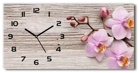 Wallmuralia Skleněné hodiny na stěnu Orchidej na dřevě 60x30 cm