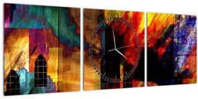 Obraz - Barevná abstrakce města (s hodinami) (90x30 cm)