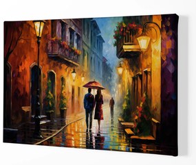 Obraz na plátně - Milenci, ulička s lampami za deště FeelHappy.cz Velikost obrazu: 120 x 80 cm