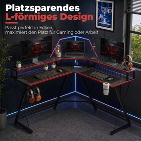 HOMCOM L-tvarovaný počítačový stůl se zásuvkami, 128 cm rohový stůl s držákem monitoru, háčkem na sluchátka a držákem nápojů
