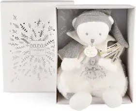 Doudou Dárková sada Plyšový muchláček medvídek s čepičkou šedý 25 cm /