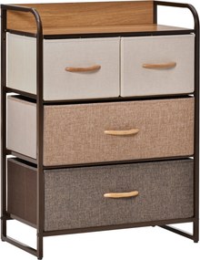 HOMCOM Textilní Komoda se 4 Skládacími Zásuvkami, Dřevěný Vrchní Plocha a Kovový Rám pro Obývací Pokoj 58x29x78,5 cm Vícebarevná
