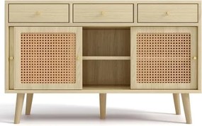 Aosom Komoda se 3 zásuvkami a 3 posuvnými dveřmi, proutěný vzor, 120×40×78 cm, přírodní barva