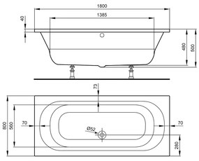 Akrylová, obdélníková vana Optiline Optiset odpad uprostřed 180 x 80 cm