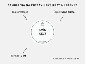 KMÍN CELÝ - omyvatelná samolepka na kořenky, výběr rozměrů Ø 5 cm / 5 x 5 cm / 6 x 8 cm | DomaLEP tvar: KOLEČKO, barva: BÍLÁ - ČERNÉ písmo, velikost: Ø 5 cm - tučné písmo