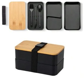 Svačinový box DUO LUNCH s příborem, černý/bambus
