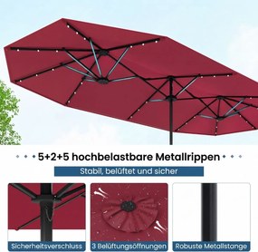 Costway Dvojitý slunečník se stojanem a LED světly a UPF 50+ vínově