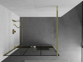 Mexen Kioto+, sprchová zástěna s poličkou a držákem na ručníky 100 x 200 cm, 8mm čiré sklo vzor černý, zlatý profil, 800-090-121-50-77