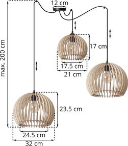 Závěsné svítidlo Timber Spider 6, 3x dřevěné stínítko