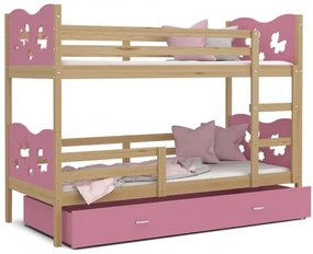 Dětská patrová postel MAX 190x80 cm s borovicovou konstrukcí v růžové barvě s MOTÝLKY