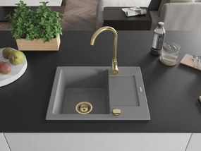 Mexen Enzo, granitový dřez 576x465x174 mm, 1-komorový, šedá se zlatým sifonem, 6506571005-71-G