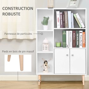HOMCOM Skandinávská Knihovna s Úložným Prostorem, rozměry 80 Š x 23,5 H x 123 V cm, 5 nik, skříňka, 2 dveře, zúžené nohy z masivního borovicového dře…