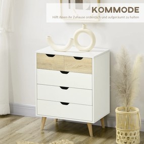HOMCOM Komoda s 5 zásuvkami a zvýšenými nohami pro ložnici, obývací pokoj i kancelář, moderní styl, proti převrhnutí, 60x40x77,5 cm, přírodní a bílá