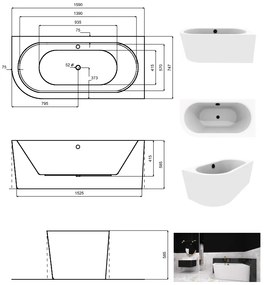 Besco Avita A-line volně stojící akrylátová vana se sifonem, napouštění přes přepad B&W Délka vany: 150cm, Orientace: Levá