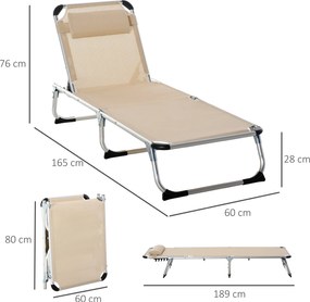 Outsunny zahradní lehátko hliníkové 5násobně nastavitelné, skládací, ergonomické, síťovaná tkanina béžová 170x60x76cm pro zahradu a terasu |