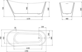 Mexen Alta, volně stojící vana 170 x 75 cm, bílá, bílý přepad, 52141707500-20