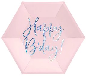 PCo Papírové talířky - motiv Happy B-day, růžový 20 cm, 6ks