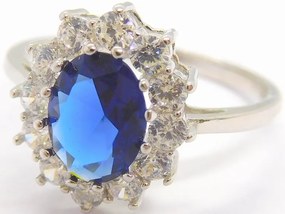 Luxusní mohutný stříbrný prsten se zirkony a velkým modrým safírem 925/1000 vel. 63 030896300020
