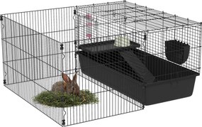 Bouda PawHut pro malá zvířata s výběhem, 112,5L x 99W x 54H cm, s lahví na vodu, krmítkem, miskou na krmení, pro malá zvířata, ocel, černá | Aosom