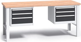 Pracovní stůl do dílny G3 se 2 závěsnými boxy na nářadí, buková spárovka, 6 zásuvek, pevné kovové nohy, 2000 mm, grafit
