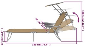 vidaXL Marketos Skládací zahradní lehátko se stříškou ocel taupe