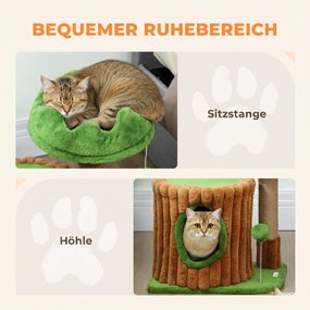 PawHut Škrabadlo 53 cm vysoké, kočičí strom s jeskyní, design kmene stromu, jutové stromy, 2 míčky pro 1-2 kočky do 5 kg, hnědo+zelené