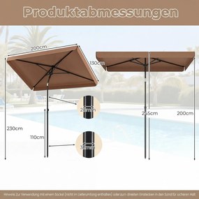 Costway Slunečník Obdélníkový s úhlem sklonu 30° Skládací – 200 × 130 cm, hnědý