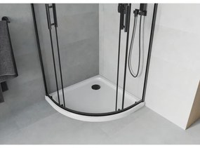 Mexen Rio, čtvrtkruhový sprchový kout s posuvnými dveřmi 80 x 80 cm, 5mm čiré sklo-pásky, černý profil + bílá sprchová vanička, 863-080-080-70-00-4110B