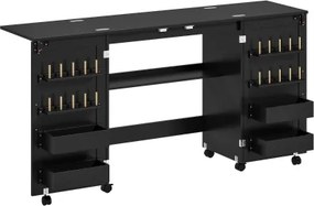 HOMCOM skládací šicí stůl, šicí nábytek na kolečkách, 2 magnetické dveře, 4 vložky, 20 držáků cívek, 160x40x83 cm, černá