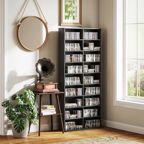 HOMCOM Moderní CD Kniha s 18 policemi pro 640 CD, Šatní skříň na CD z DTD, 78,5x24x175 cm, Černá